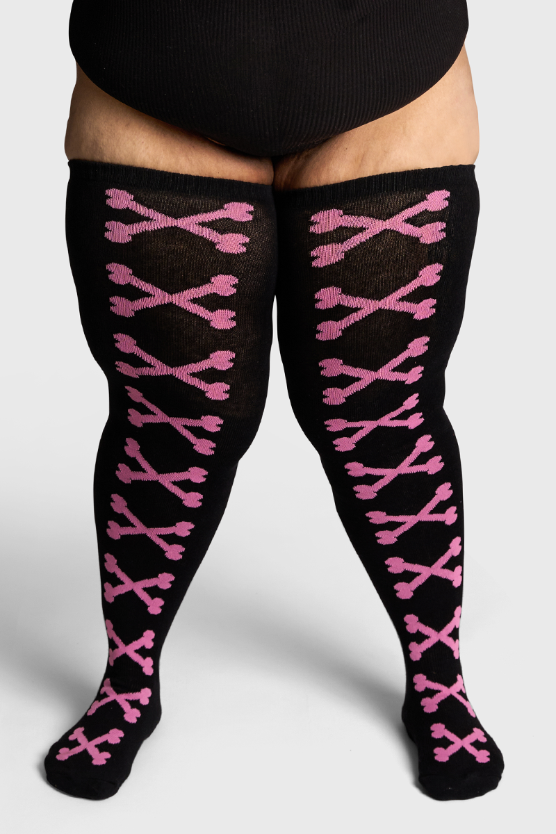 Crossbones Black & Pink Plus Size Thigh High Socks | Thunda Thighs ...