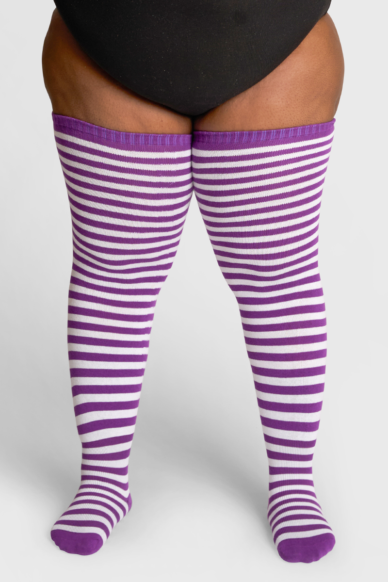 Mulberry & White Stripes Thigh High Socks | Thunda Thighs | Thunda Tubbies