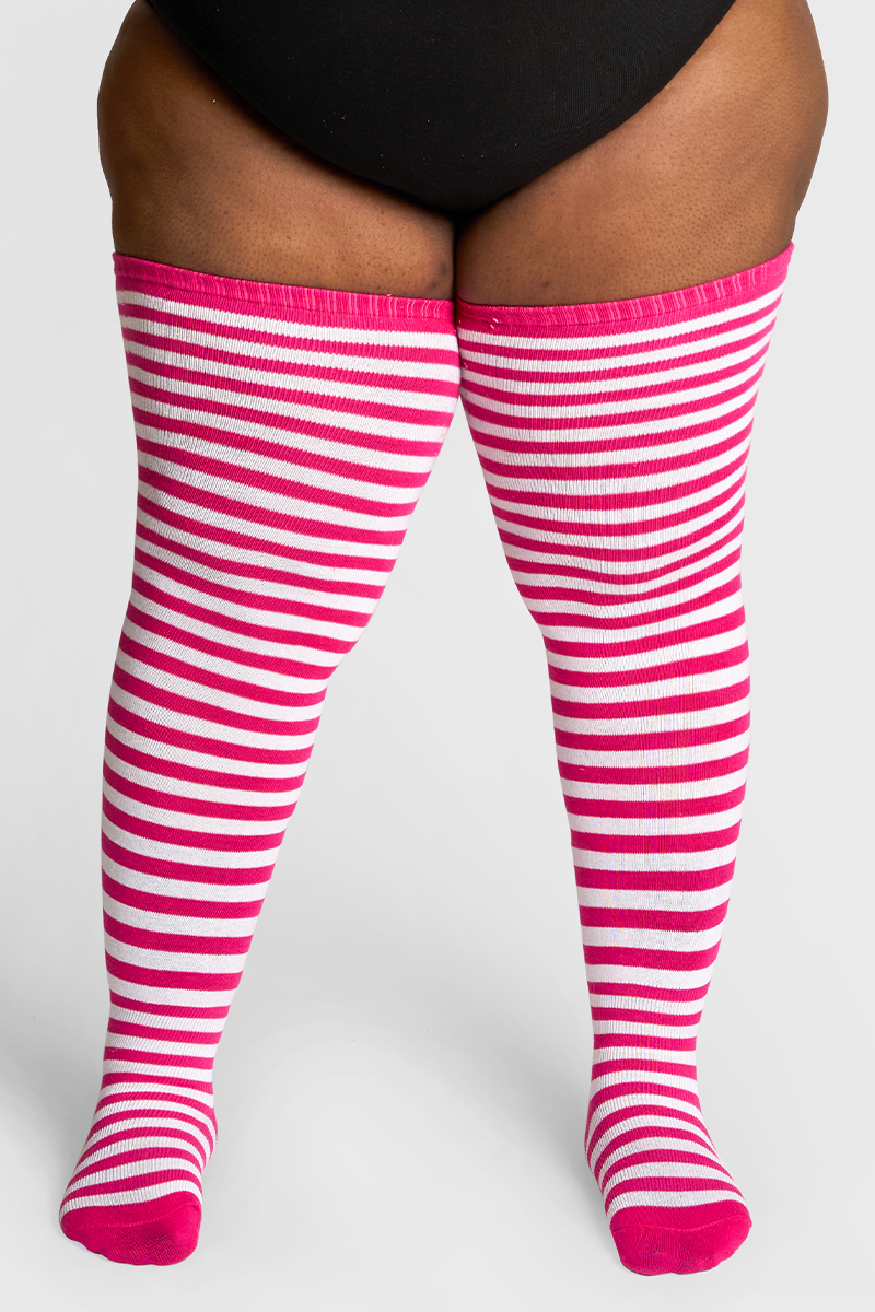 Neon Pink & White Stripes Thigh High Socks | Thunda Thighs | Thunda Tubbies